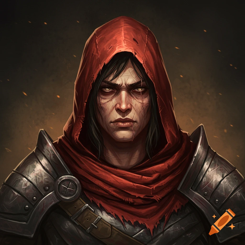 A gritty fantasy portrait of a warrior in a red hood and armor with ...