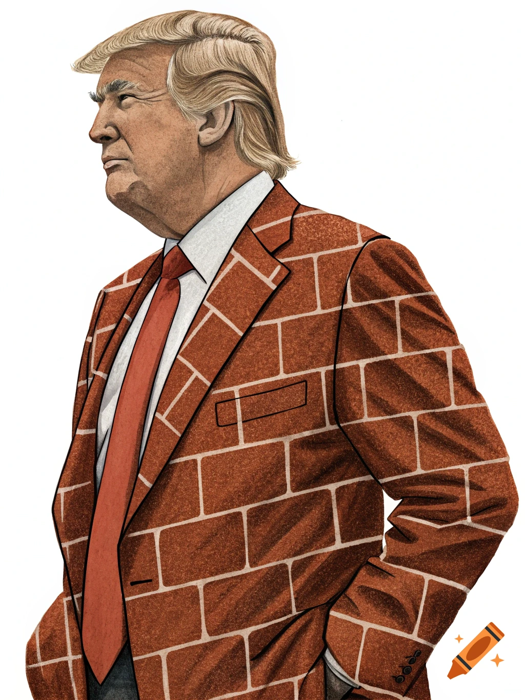 Illustration of Donald Trump wearing a suit patterned like bricks on ...