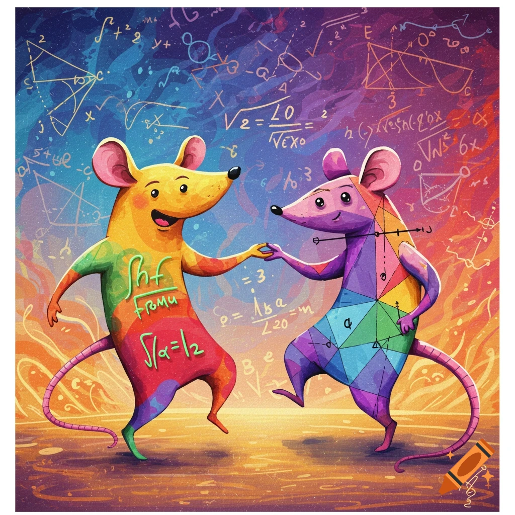 Two colorful, dancing rats surrounded by mathematical formulas in a ...