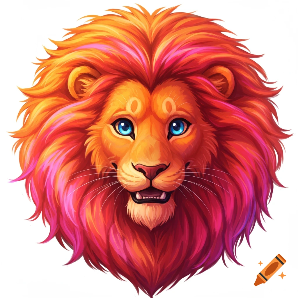 A front-facing cartoon lion head with bright orange and pink fur in an ...
