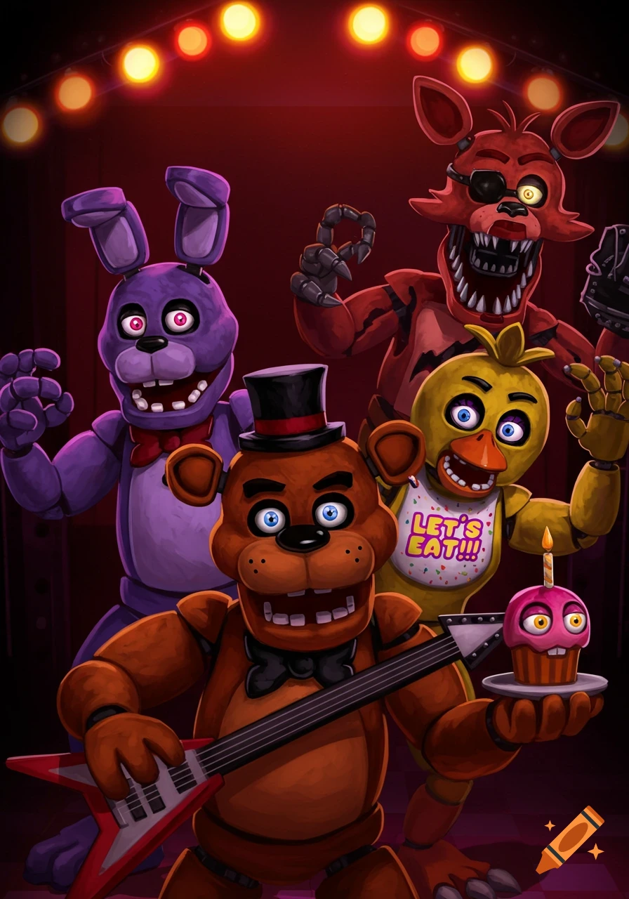 A group of animatronic characters, Freddy, Chica, Bonnie, and Foxy, stand on a stage. Freddy ...