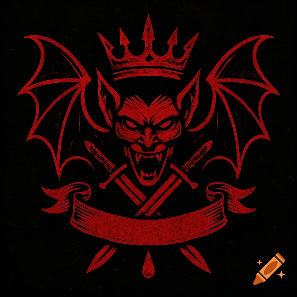 Red demon face with wings, crown, crossed swords, and banner on black ...