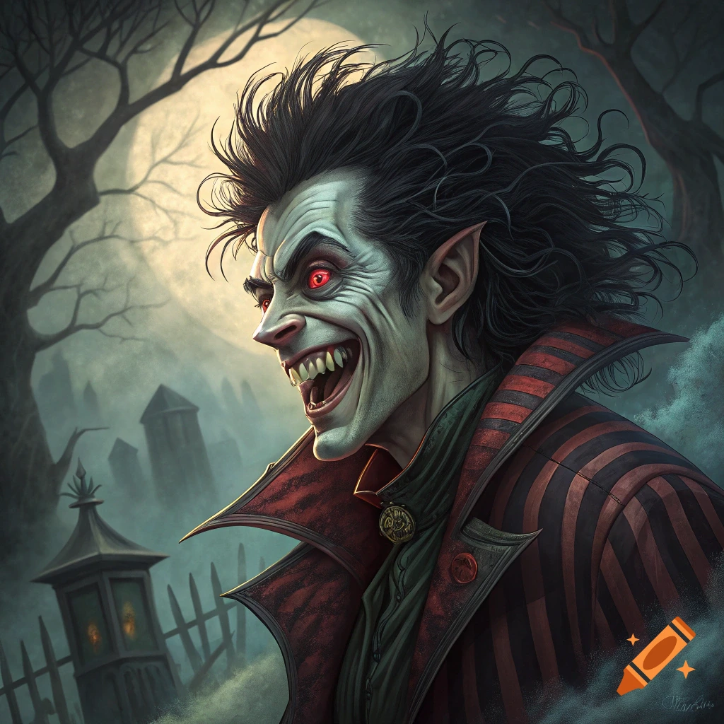 A stylized smiling vampire with red eyes and spiky hair in a striped ...