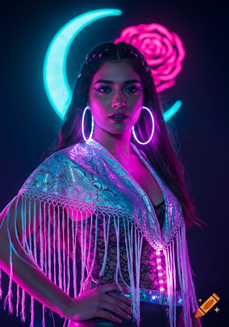 Futuristic pop star with neon hoop earrings and holographic shawl in ...
