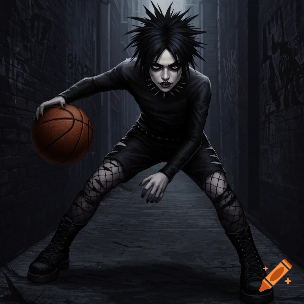 Illustrative portrait of a goth person dribbling a basketball in a dark ...