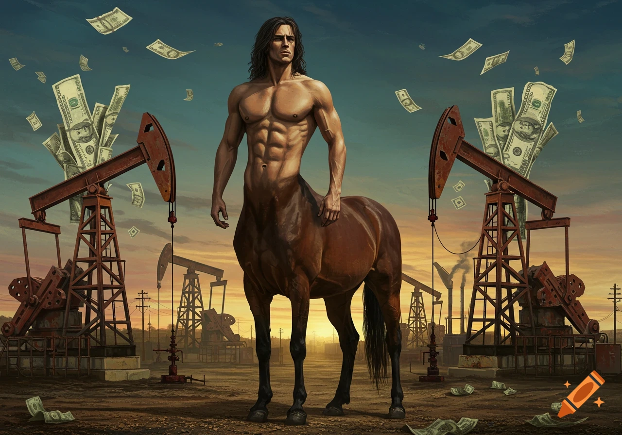 A muscular centaur stands in an oil field as oil pumps spew money bills ...