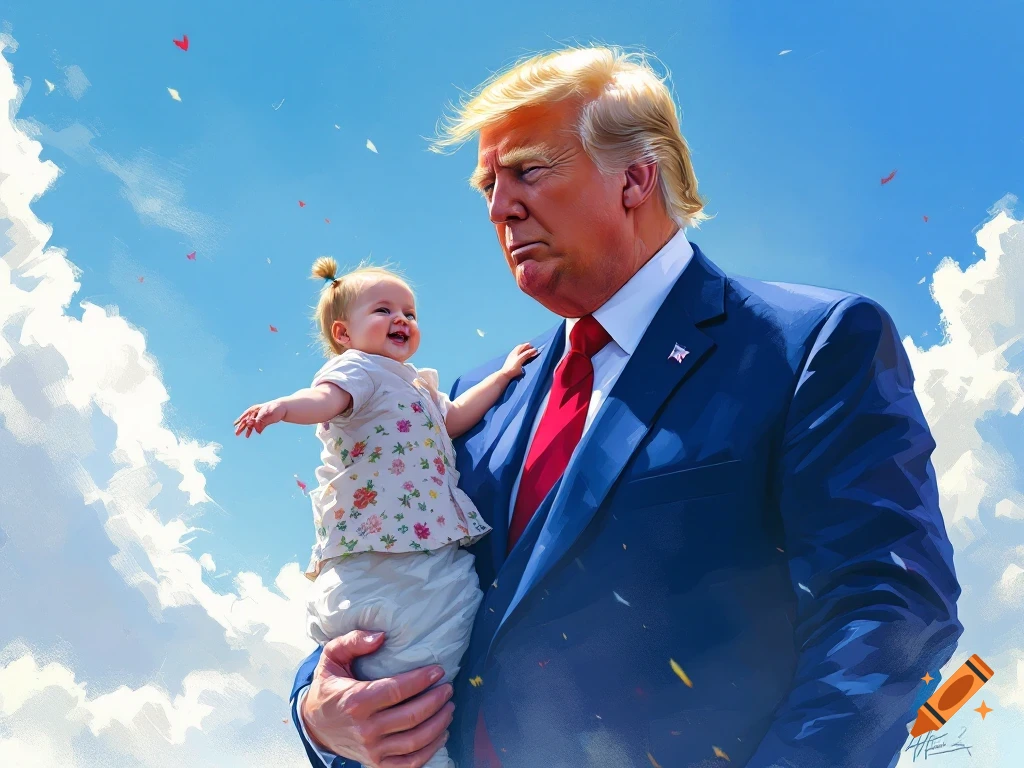 Donald Trump holds a baby under a blue sky in a painted style on Craiyon