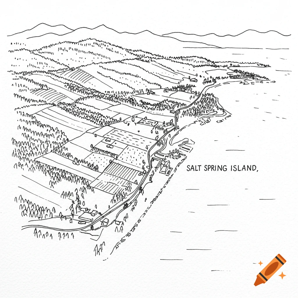 Line drawing of Salt Spring Island landscape with fields, houses ...