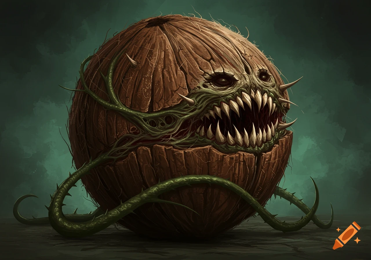 A monstrous coconut with a face full of sharp teeth and thorny vines ...