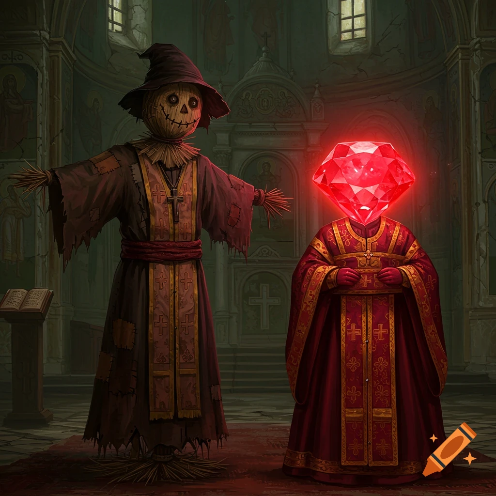 A scarecrow and a figure with a giant ruby head wearing priest robes ...
