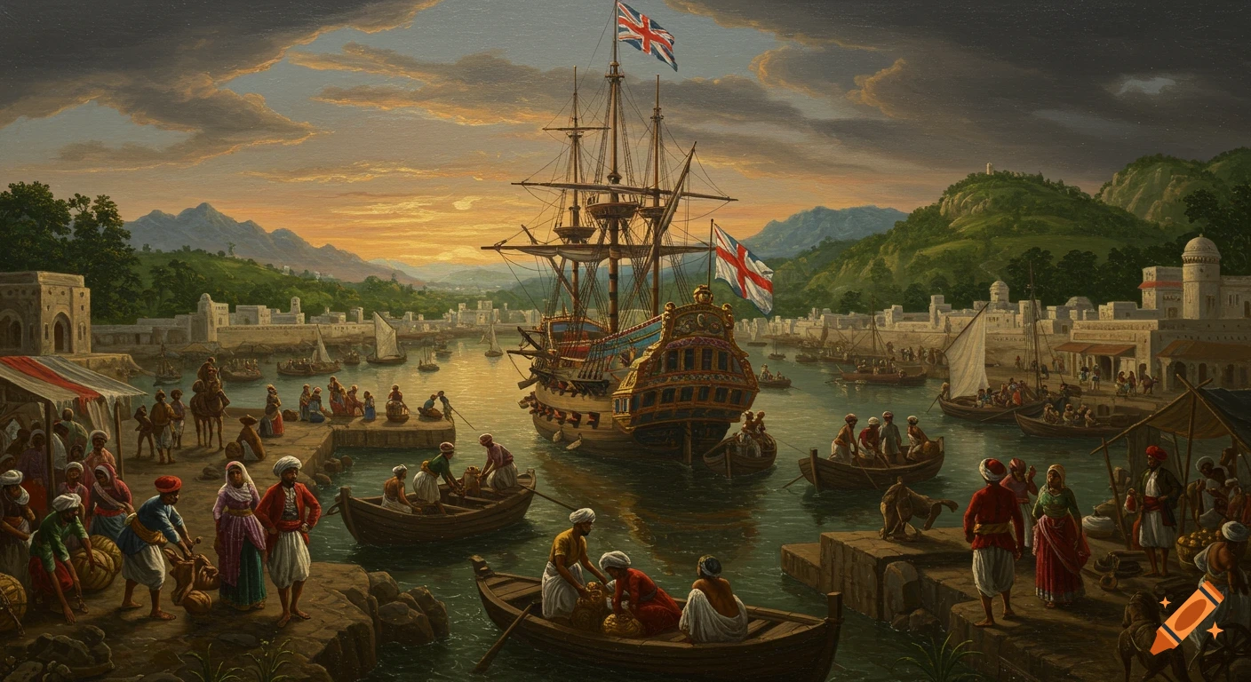 Baroque painting of a busy colonial harbor at sunset with a large ship ...