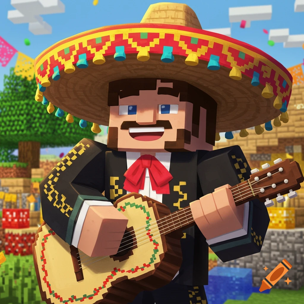 A Minecraft character dressed as a mariachi plays a guitar. on Craiyon