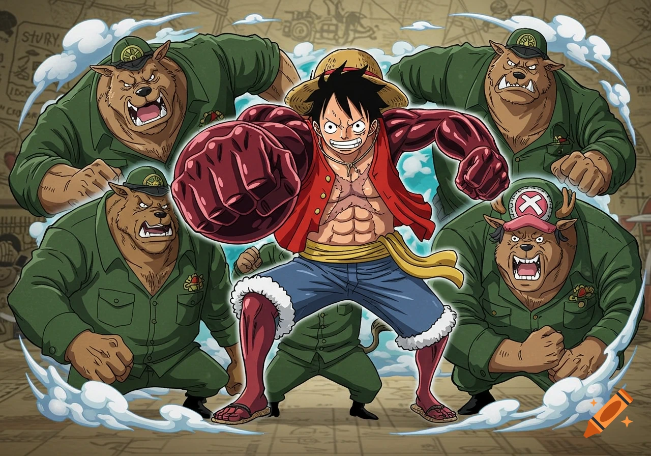 Anime style illustration of Luffy in a powerful stance surrounded by ...