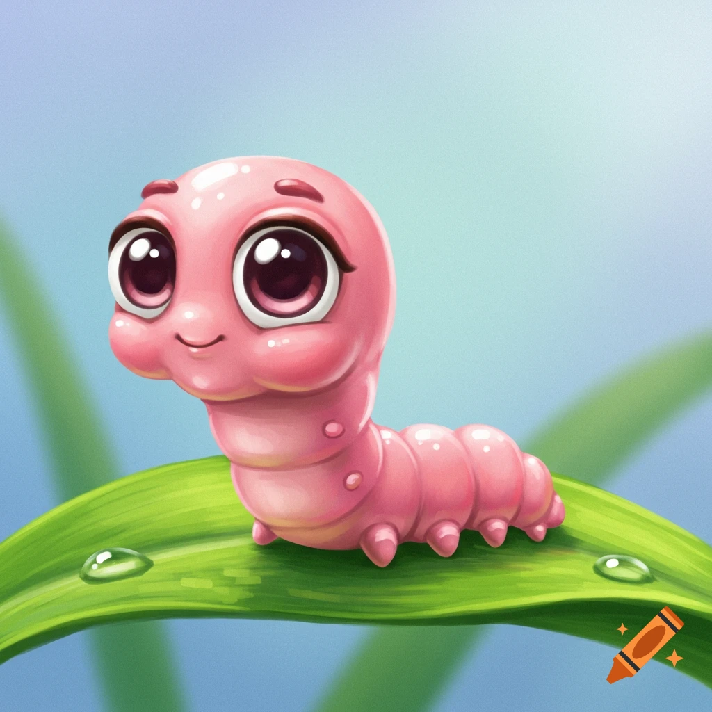 A cute pink cartoon worm with big eyes sits on a green leaf with water ...