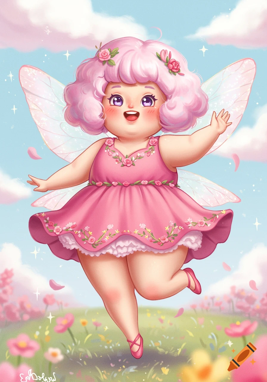 Cute illustration of a chubby fairy in a pink dress flying in a flower ...