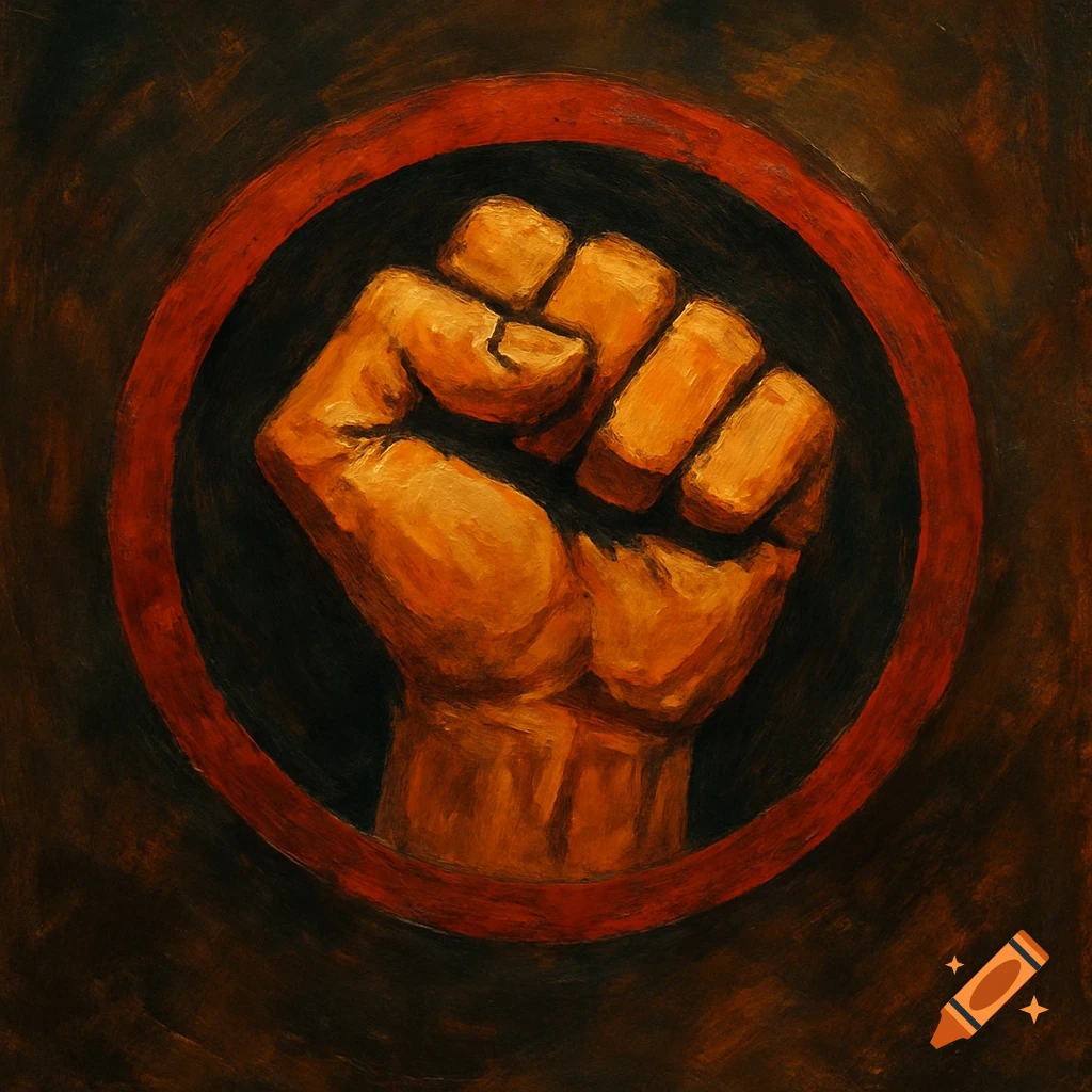 A stylized orange fist is centered within a red circle against a dark ...