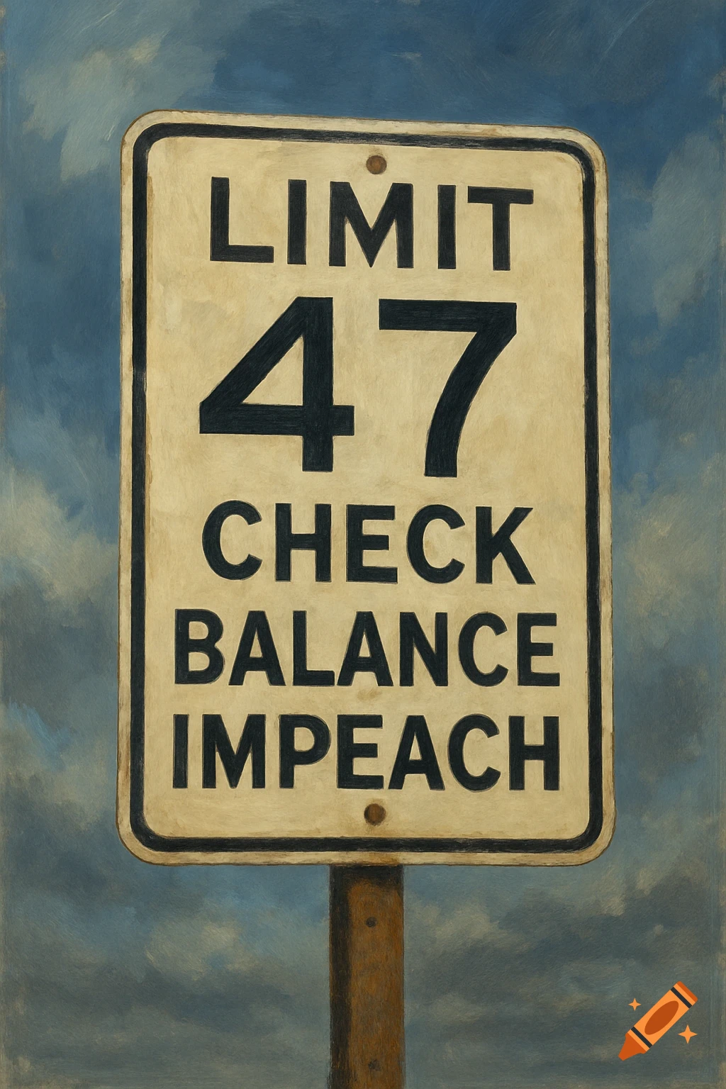 A painterly image of a speed limit sign that says LIMIT 47 CHECK ...