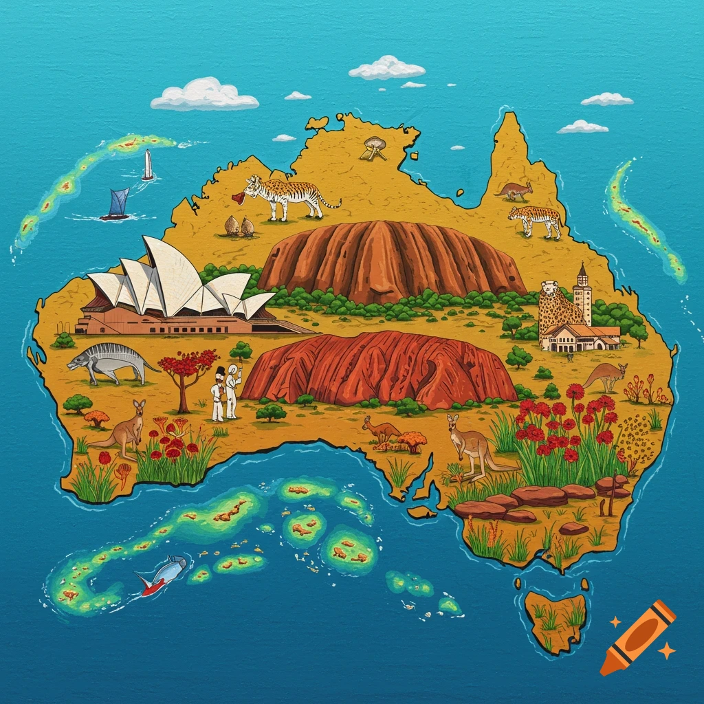 Illustration of Australia as a map filled with landmarks like Sydney ...