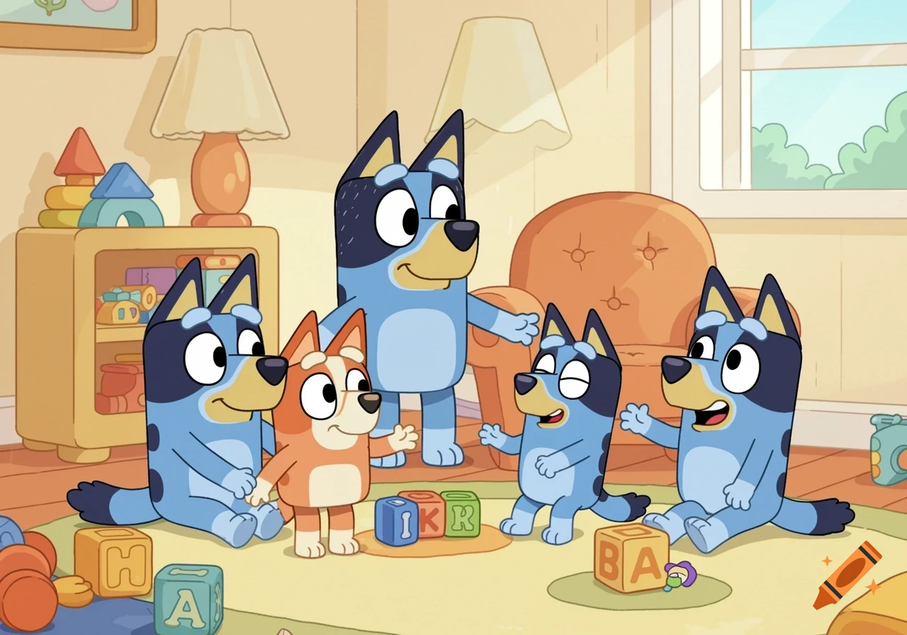 Bluey and her family of cartoon dogs playing with building blocks in a ...