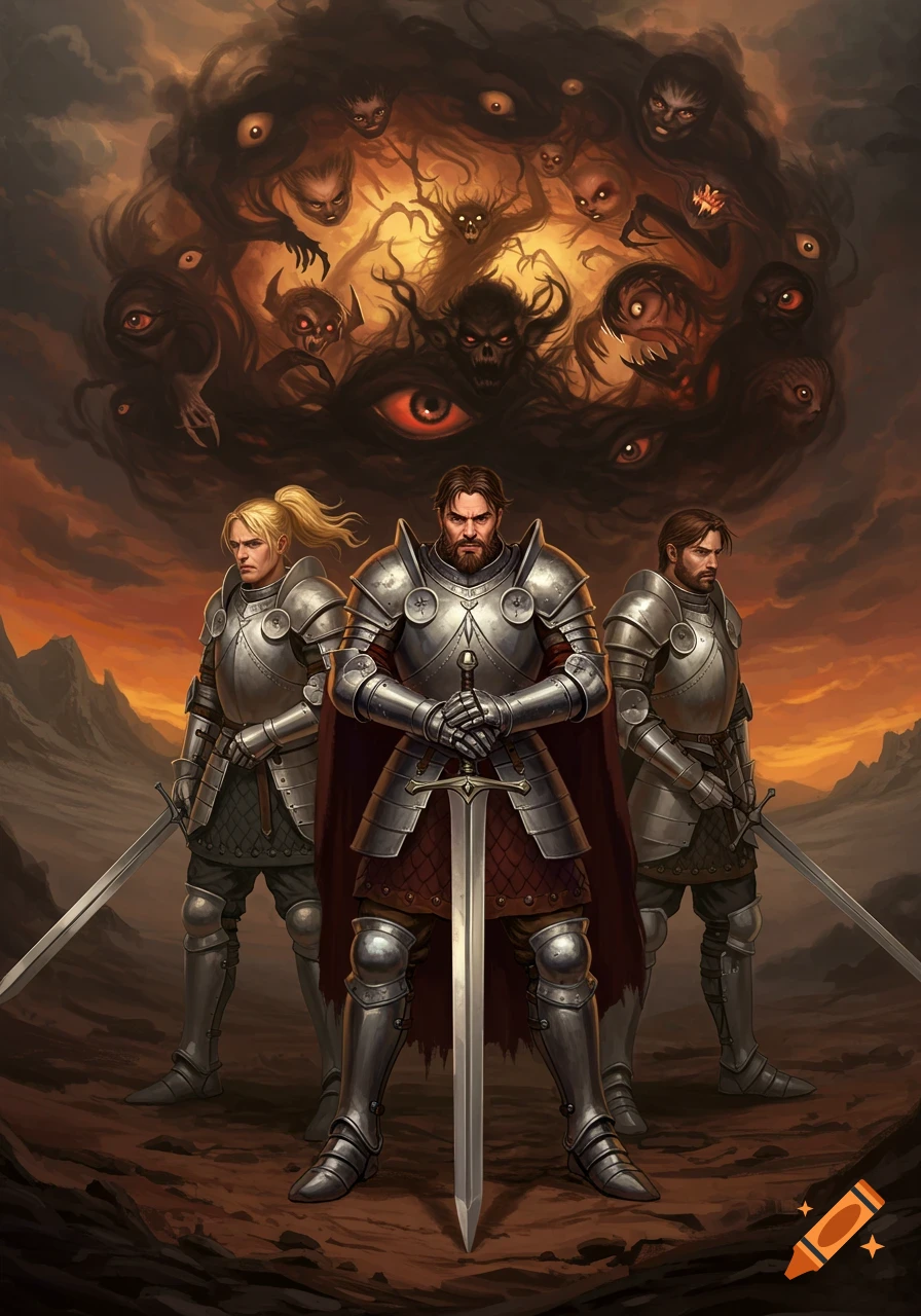 Three knights in full armor stand ready with swords drawn, facing a ...