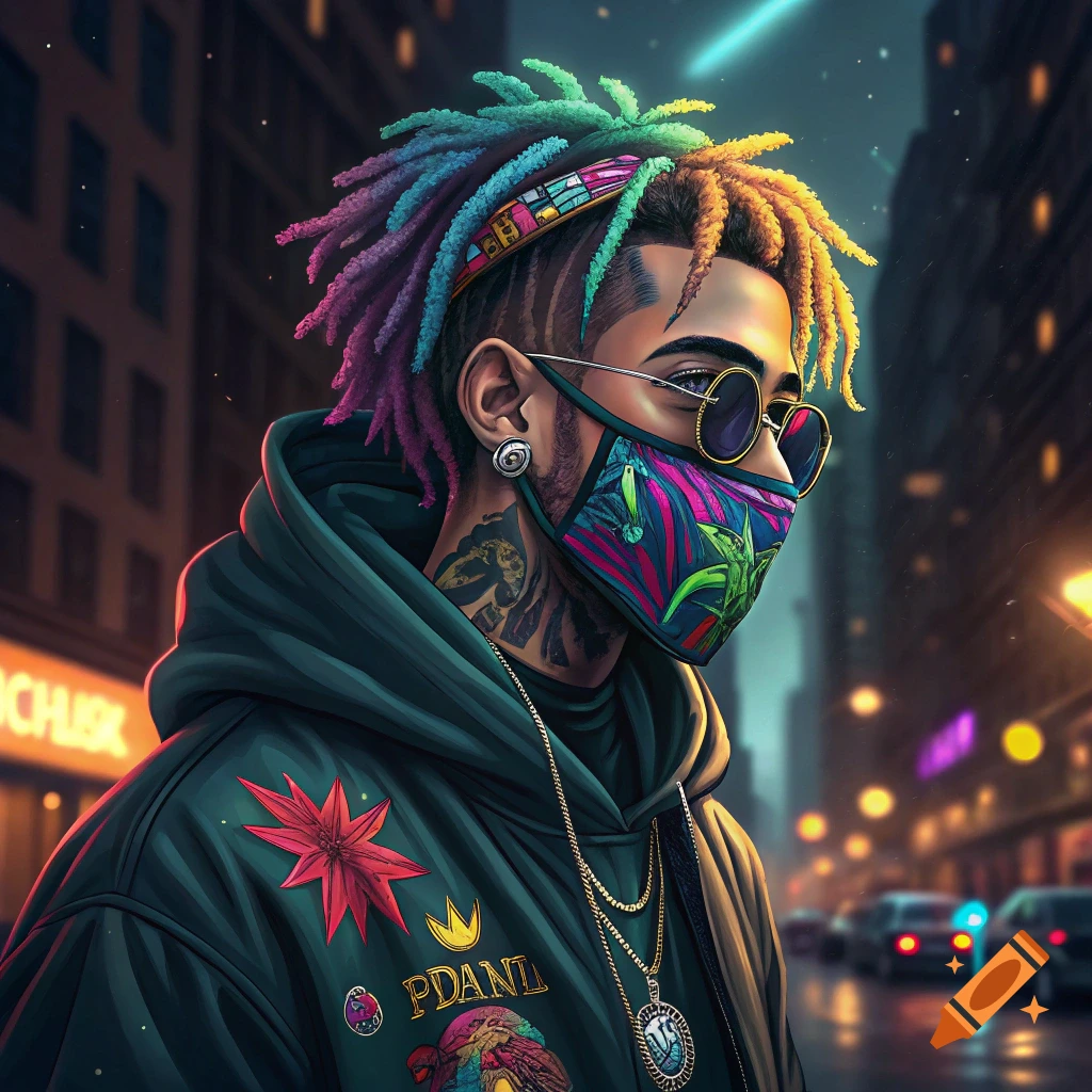 Stylish person with colorful dreadlocks, mask, sunglasses, and hoodie ...