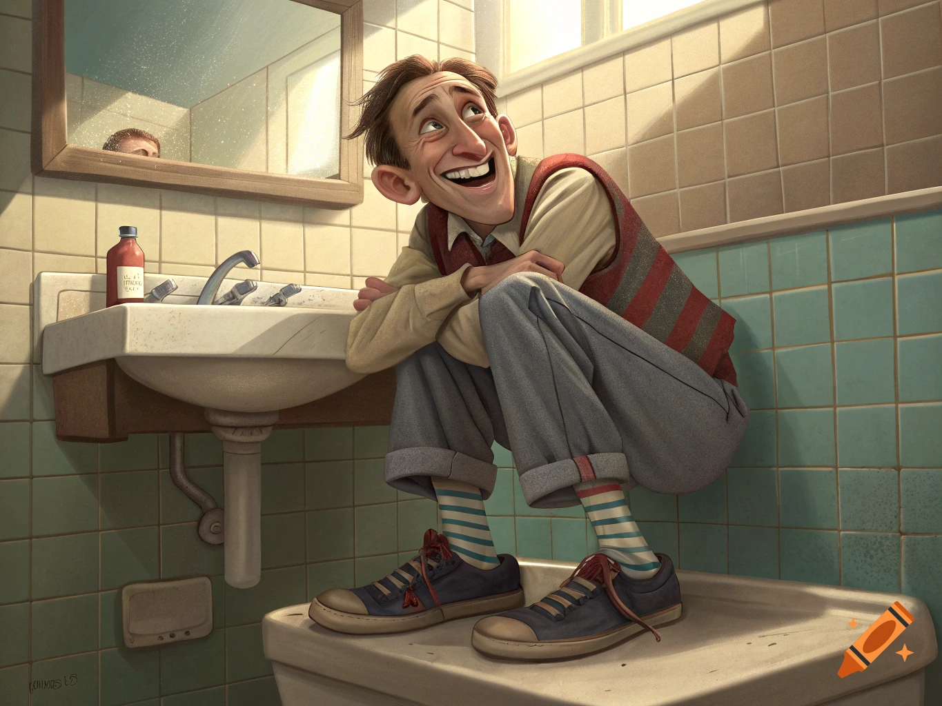 Cartoon man with exaggerated expression sitting on a toilet in a ...