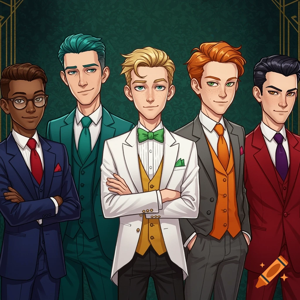 Five stylized teenage boys in suits standing together in an Art Deco ...