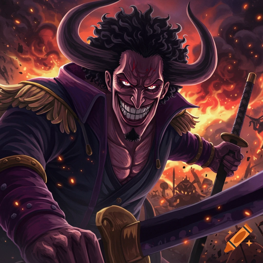 Menacing anime character with horns and wide grin holds a sword in a ...