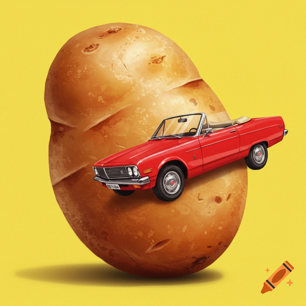 A red convertible car sits on top of a large potato. on Craiyon