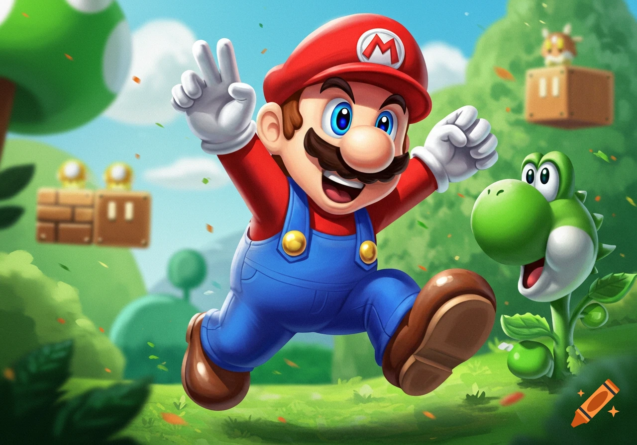 Cartoon illustration of Mario running and making a peace sign with ...