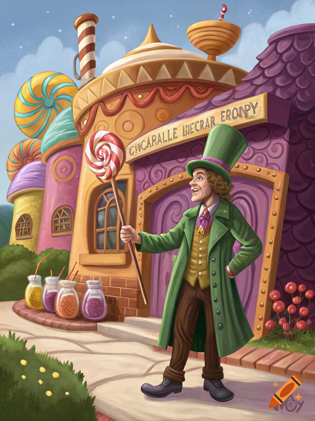 A man in a green coat and top hat holds a lollipop in front of a ...