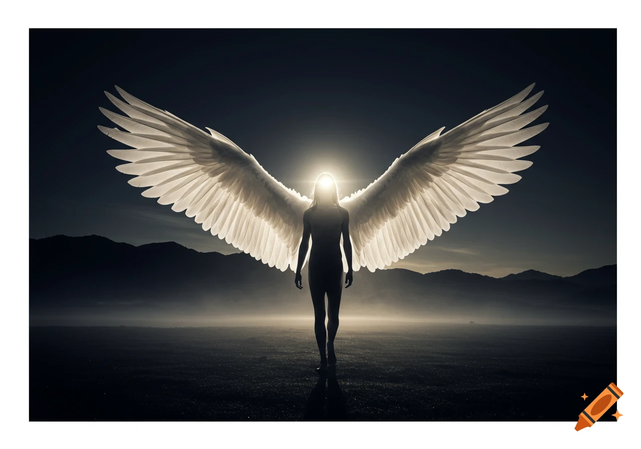 Silhouetted angel with large wings backlit by bright light in a dark ...