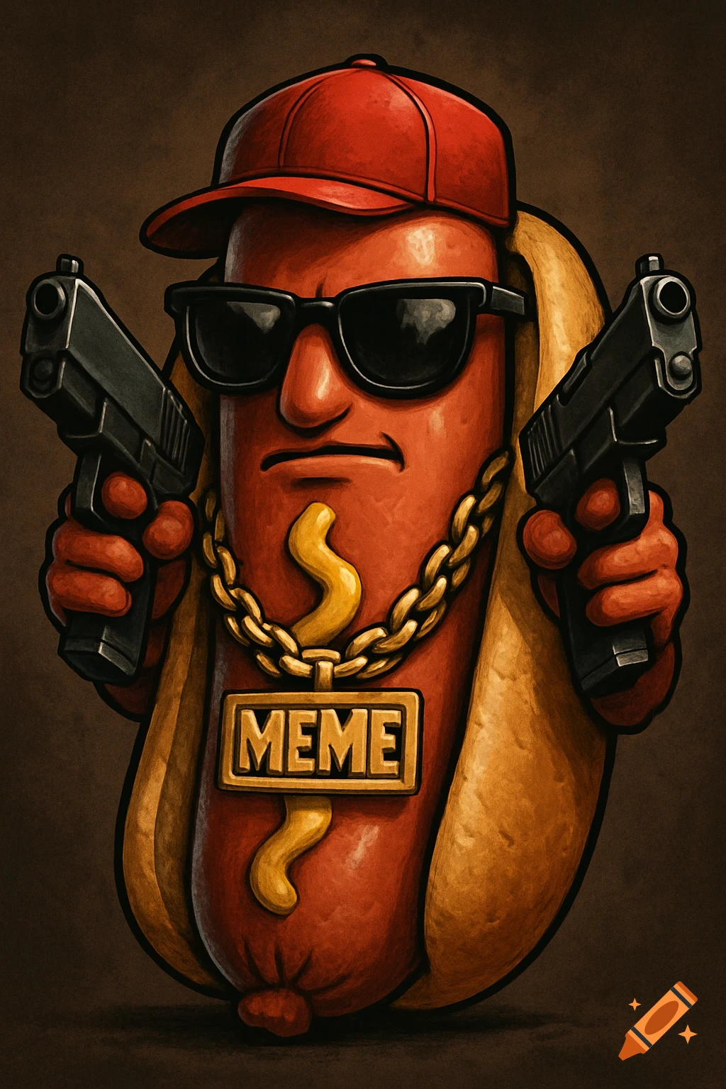 Cartoon gangster hot dog holding guns, wearing sunglasses, red cap, and ...