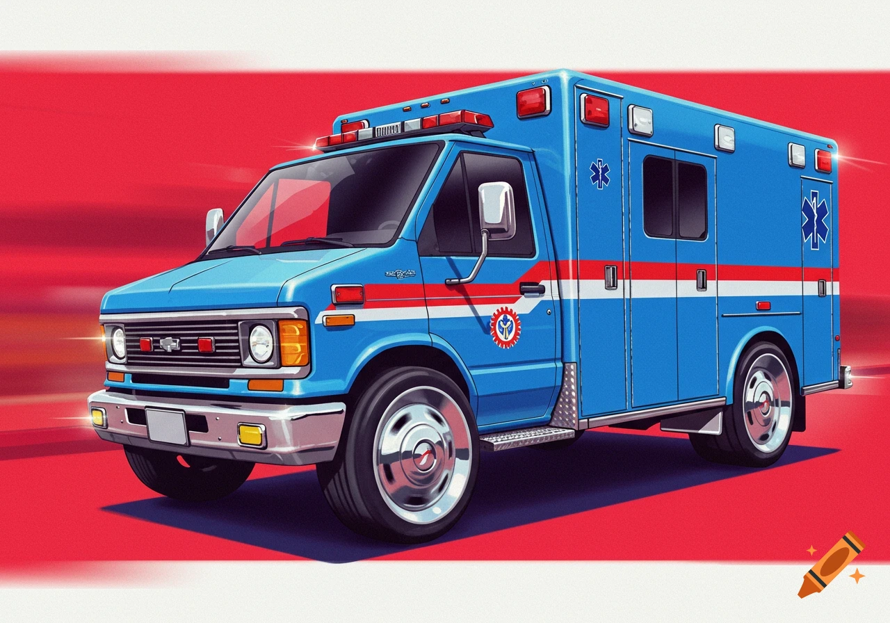 Illustration of a blue ambulance with red and white stripes and emblems ...