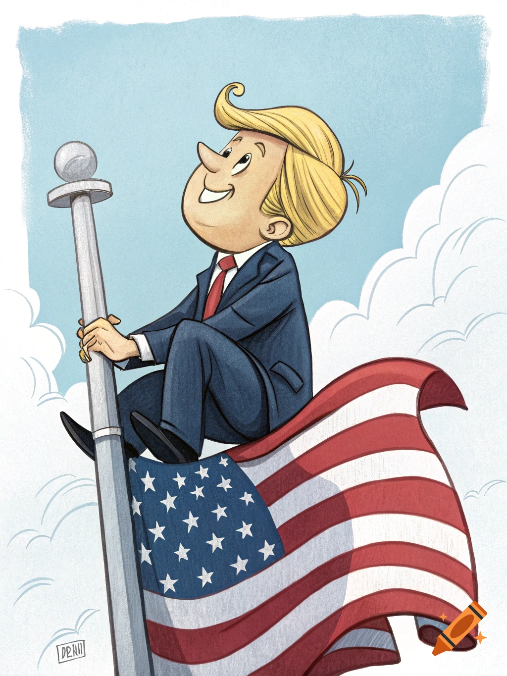 Cartoon caricature of Trump sitting on a flagpole with the US flag. on ...