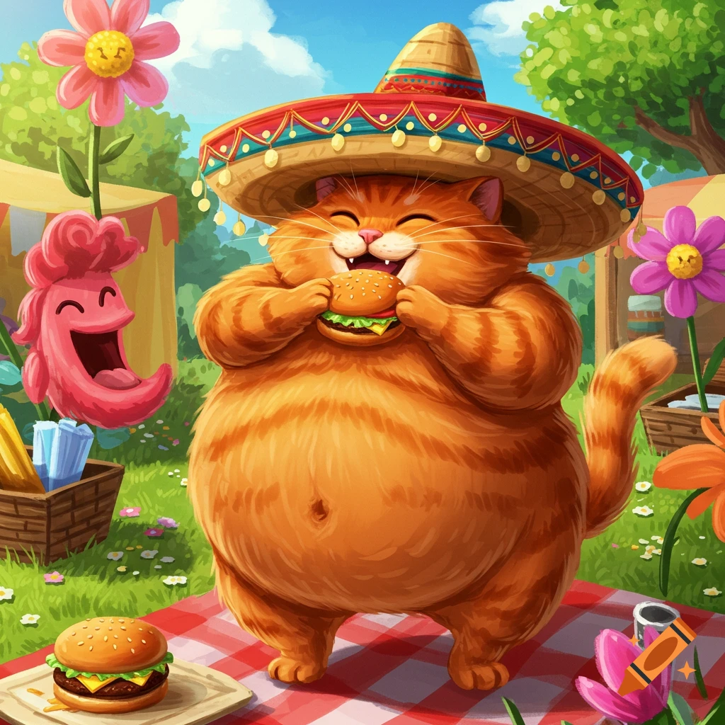 Cartoon fat cat in a sombrero eating a burger at a picnic. on Craiyon