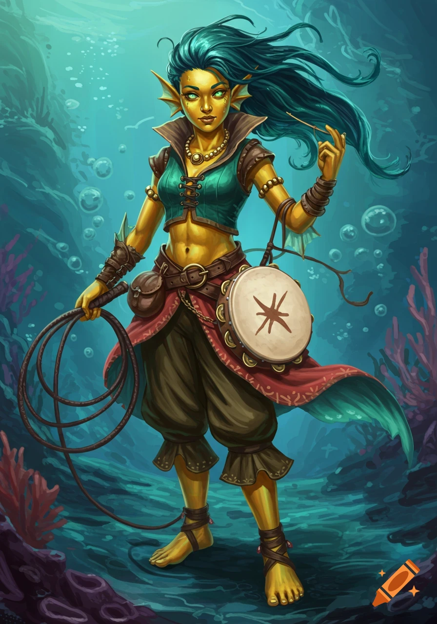 Fantasy illustration of an aquatic elf holding a whip and tambourine ...