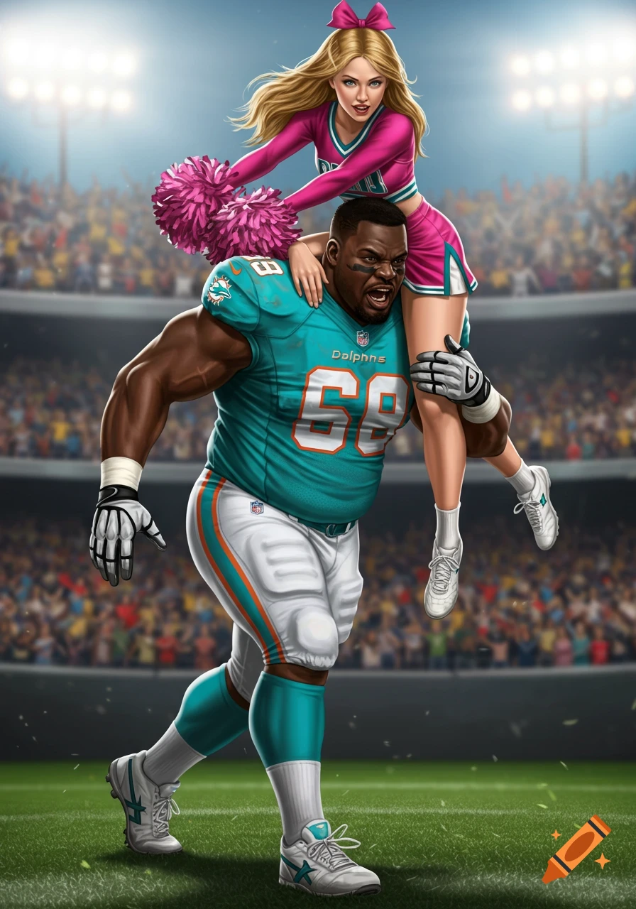 Digital illustration of a muscular football player carrying a ...