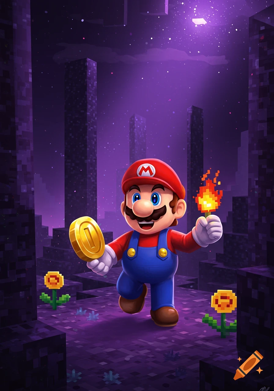 Super Mario holding a coin and a torch in the Minecraft End dimension ...