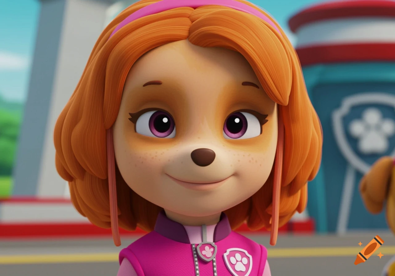 Close-up of Skye from Paw Patrol in her pink aviator gear, 3d animation ...