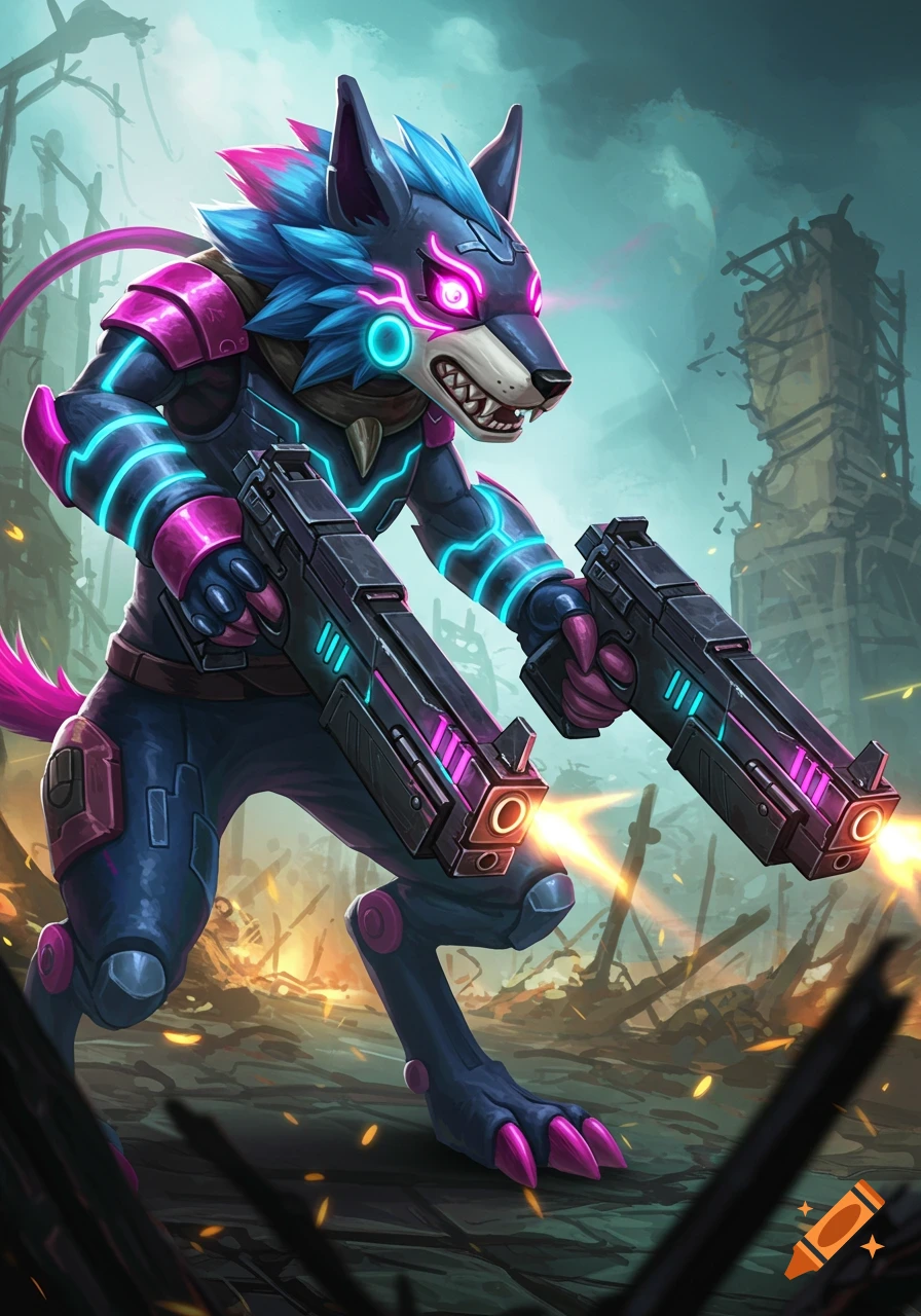 A cyberpunk furry character in armor holding two guns and firing in a ...