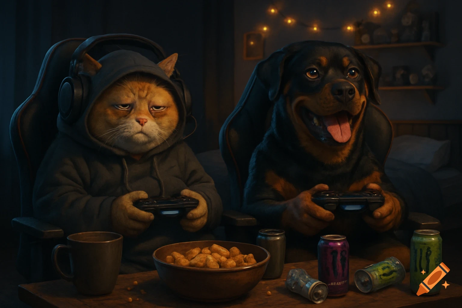 A tired cat and a happy Rottweiler dog play video games together in a ...