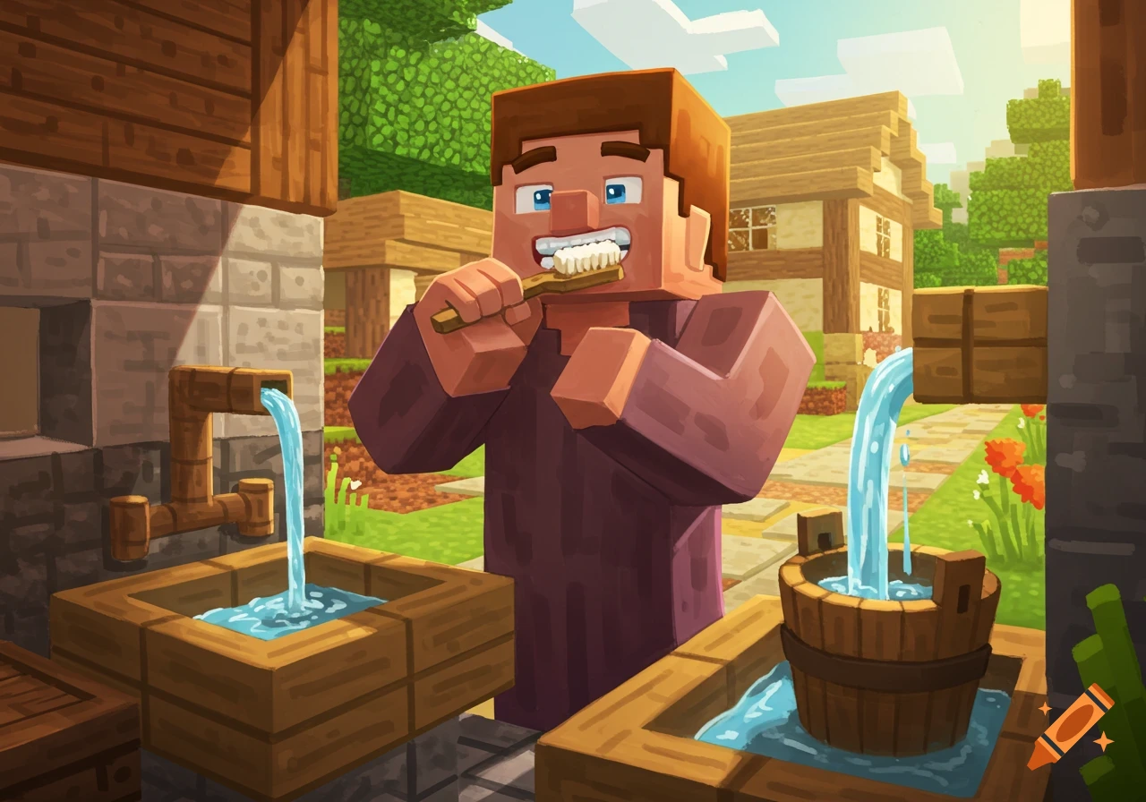 Minecraft character brushing teeth outdoors next to water sources. on ...