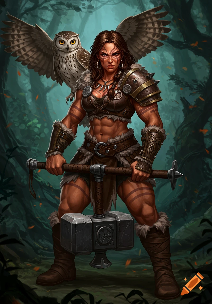 Detailed illustration of a muscular barbarian woman with an owl on her ...
