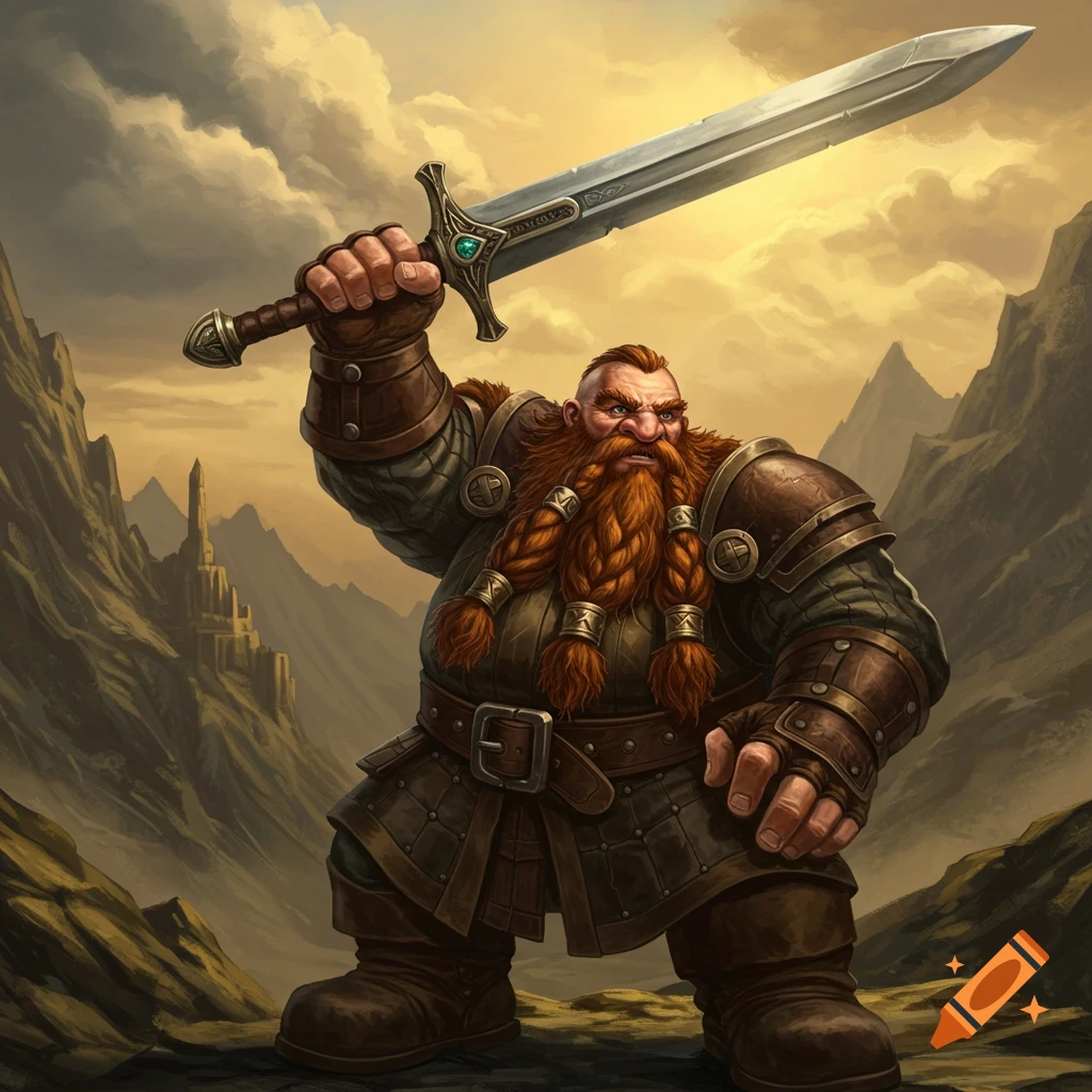 A fantasy dwarf warrior with a braided beard holds a sword aloft in a ...