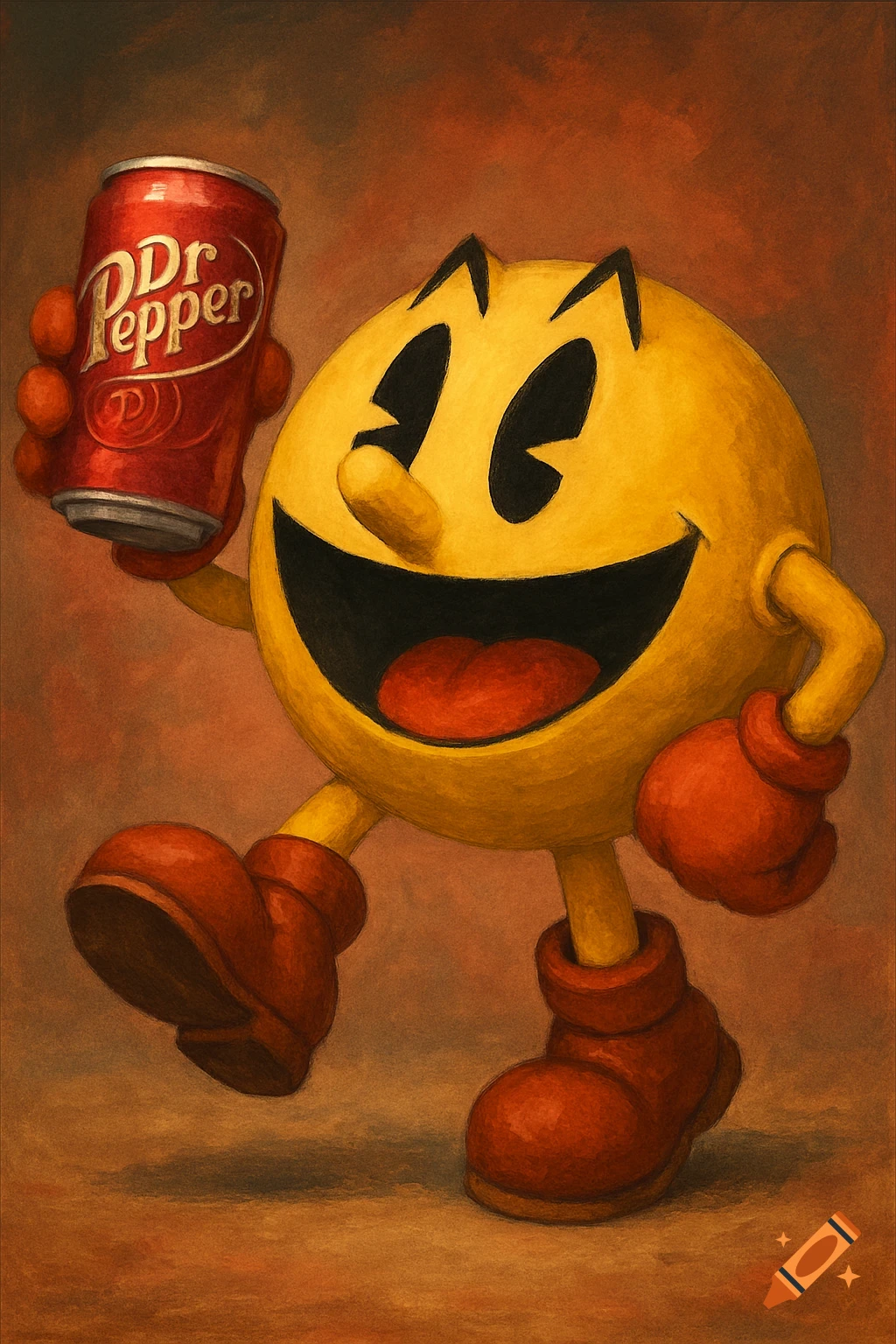 Stylized Pac-Man holds a Dr. Pepper can on Craiyon