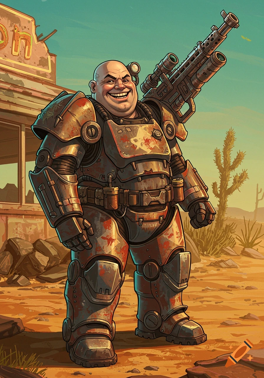 Cartoon illustration of a fat bald man in rusty power armor, smiling in ...