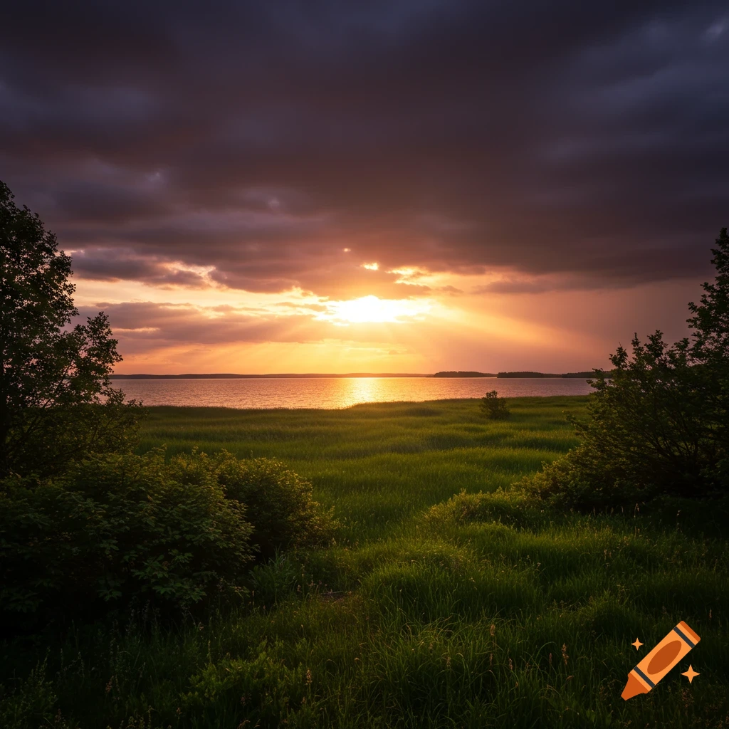 Dramatic sunset over a lake with sunbeams breaking through dark clouds ...
