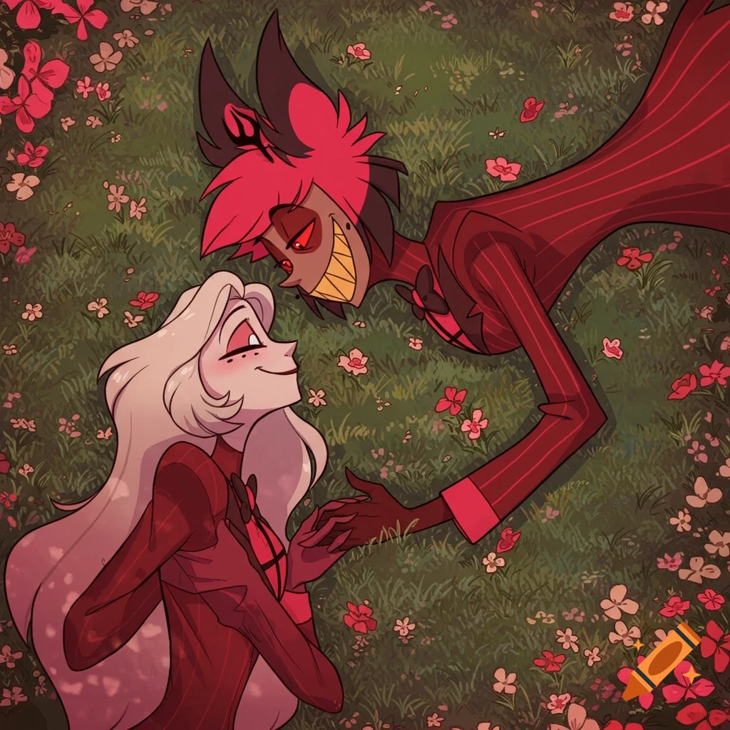 Hazbin Hotel characters Alastor and Charlie laying in a field of pink ...