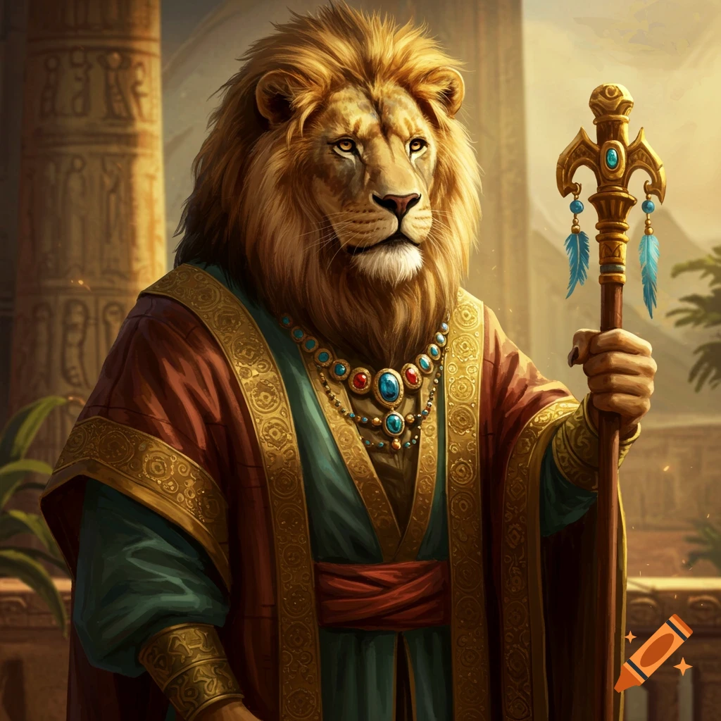 An anthropomorphic lion in ancient regal robes holds an ornate staff ...
